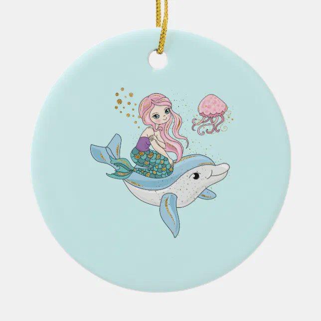 Cute Mermaid Riding a Dolphin Under the Sea Ceramic Ornament | Zazzle