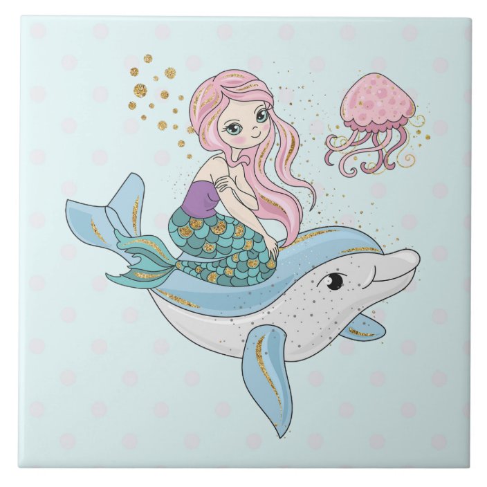 Cute Mermaid Riding a Dolphin Under the Sea Ceramic Tile | Zazzle.com