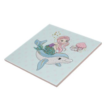 Cute Mermaid Riding a Dolphin Under the Sea Ceramic Tile | Zazzle