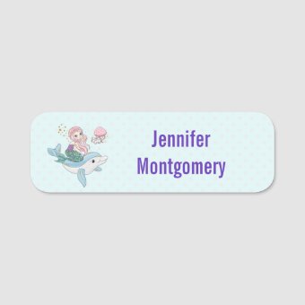 Cute Mermaid Riding a Dolphin Under the Sea Name Tag | Zazzle
