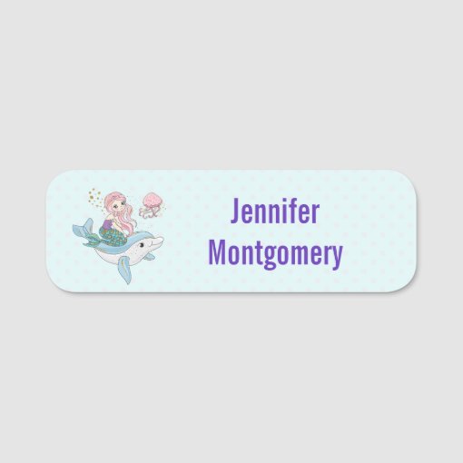 Cute Mermaid Riding a Dolphin Under the Sea Name Tag | Zazzle