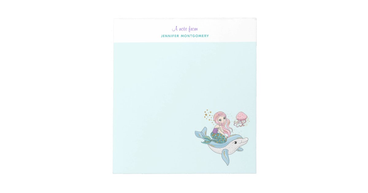 Cute Mermaid Riding a Dolphin Under the Sea Notepad | Zazzle