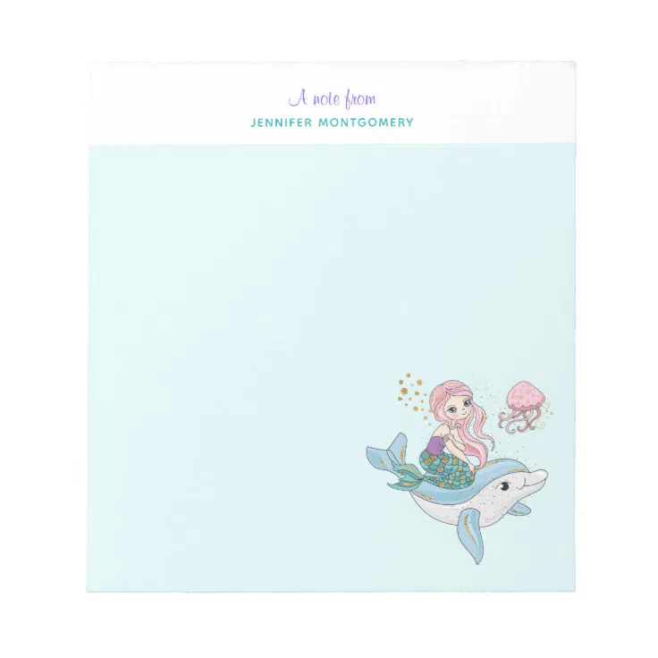 Cute Mermaid Riding a Dolphin Under the Sea Notepad | Zazzle