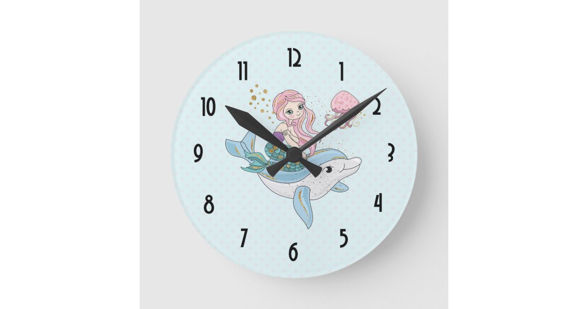 Cute Mermaid Riding a Dolphin Under the Sea Round Clock | Zazzle