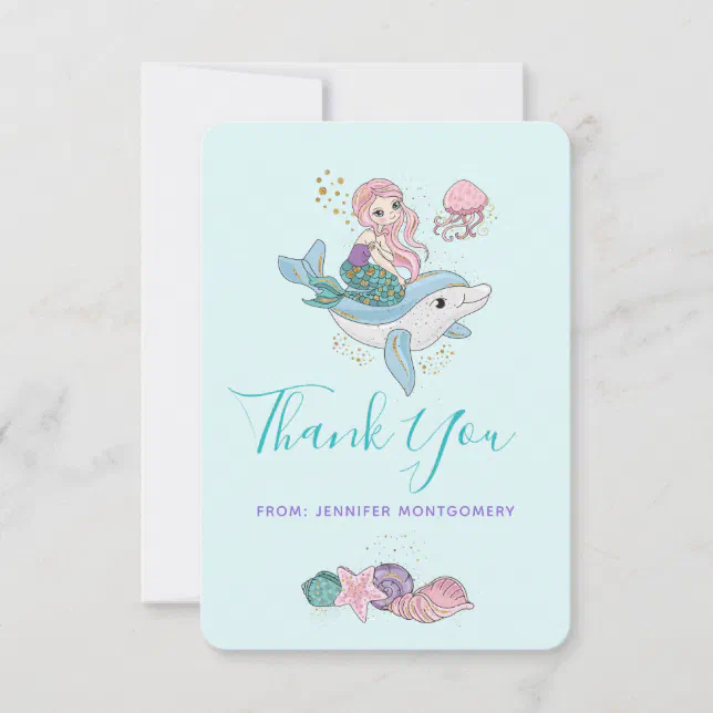 Cute Mermaid Riding a Dolphin Under the Sea Thank You Card | Zazzle