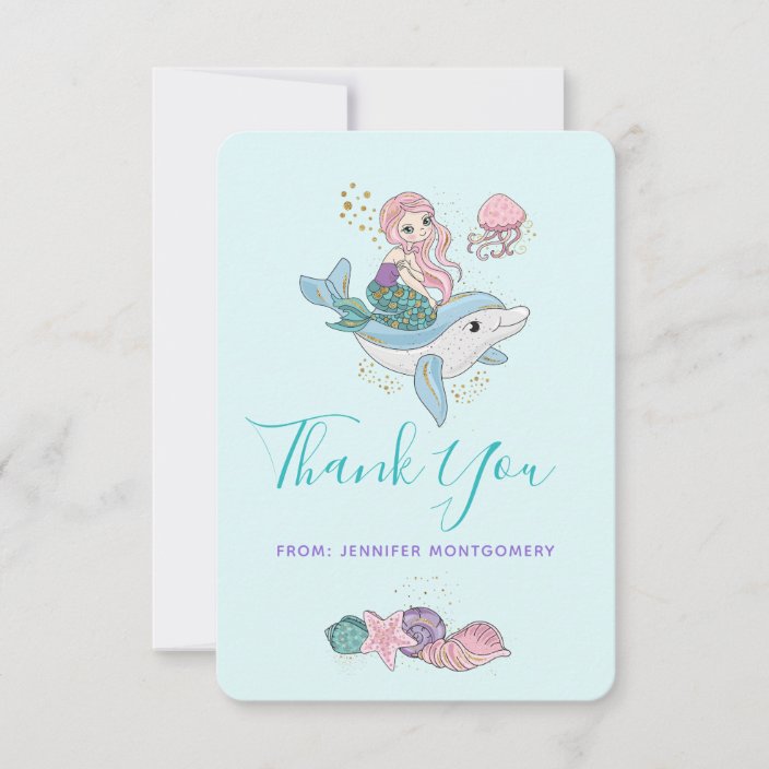 Cute Mermaid Riding a Dolphin Under the Sea Thank You Card | Zazzle.com