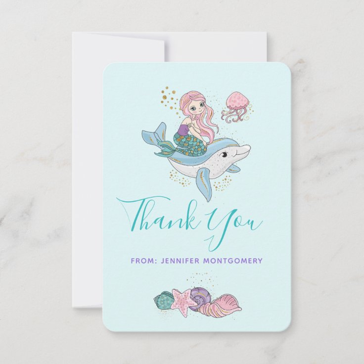 Cute Mermaid Riding a Dolphin Under the Sea Thank You Card | Zazzle