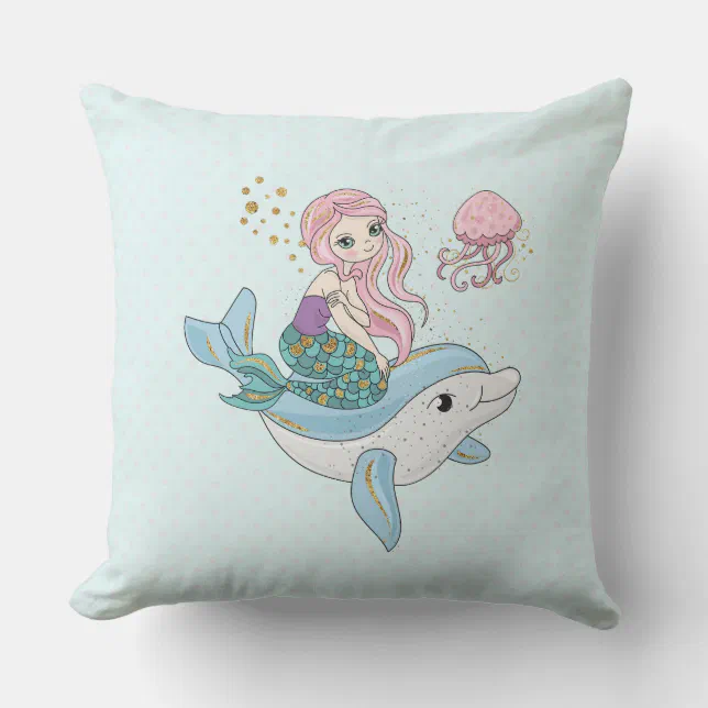 Cute Mermaid Riding a Dolphin Under the Sea Throw Pillow | Zazzle