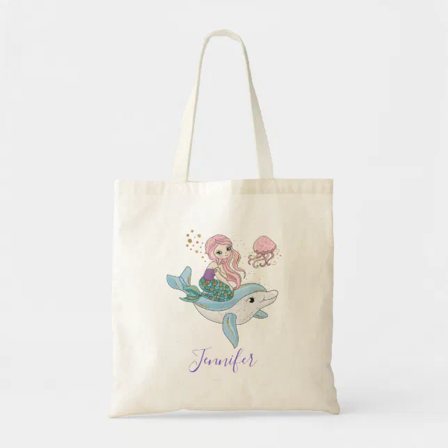 Cute Mermaid Riding a Dolphin Under the Sea Tote Bag | Zazzle