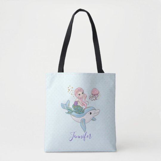 Cute Mermaid Riding a Dolphin Under the Sea Tote Bag | Zazzle.com
