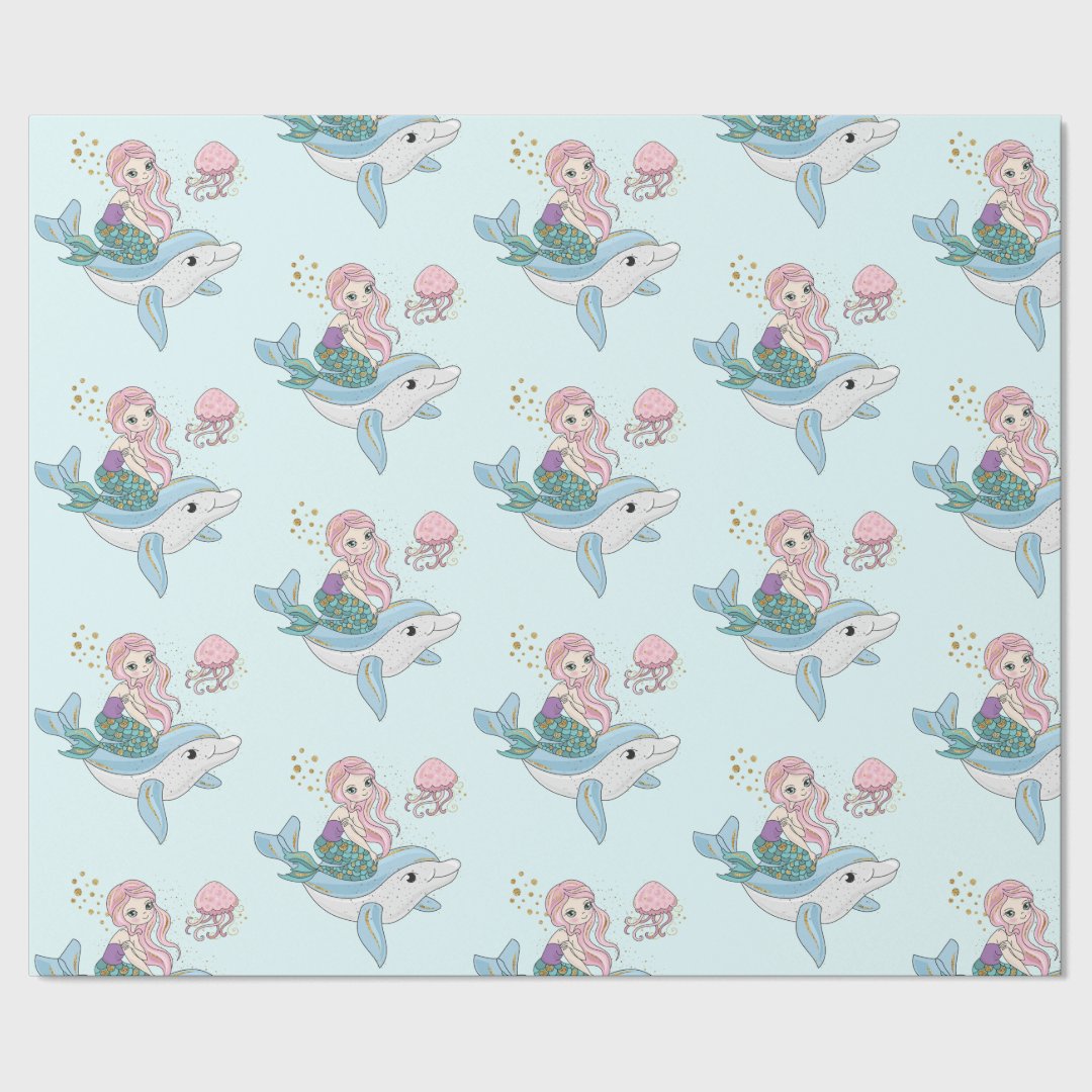 Cute Mermaid Riding a Dolphin Under the Sea Wrapping Paper | Zazzle