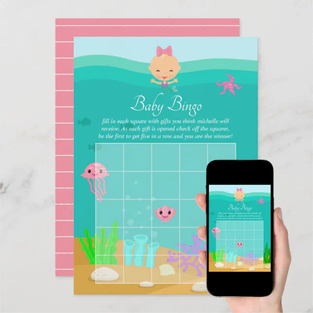 Cute Mermaid Under the Sea Girl Baby Shower Bingo Invitation | Zazzle