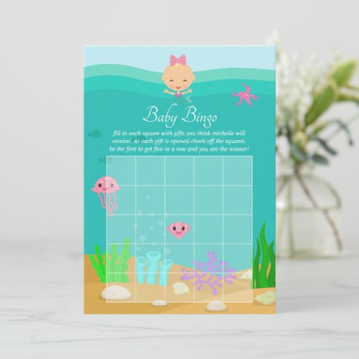 Cute Mermaid Under the Sea Girl Baby Shower Bingo Invitation | Zazzle