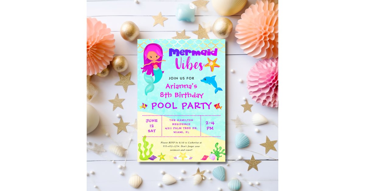 Cute Mermaid Vibes Birthday Pool Party Invitation | Zazzle