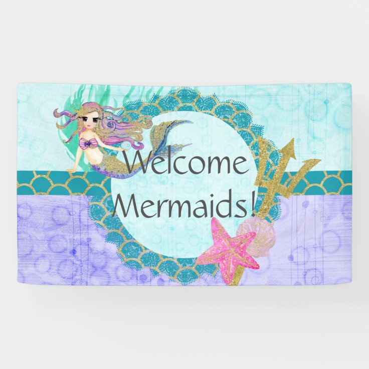Cute Mermaid Welcome Mermaids Birthday Party Banner | Zazzle