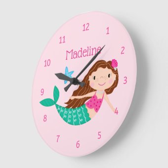 Cute Mermaid Whimsical Pink Personalized Large Clock | Zazzle