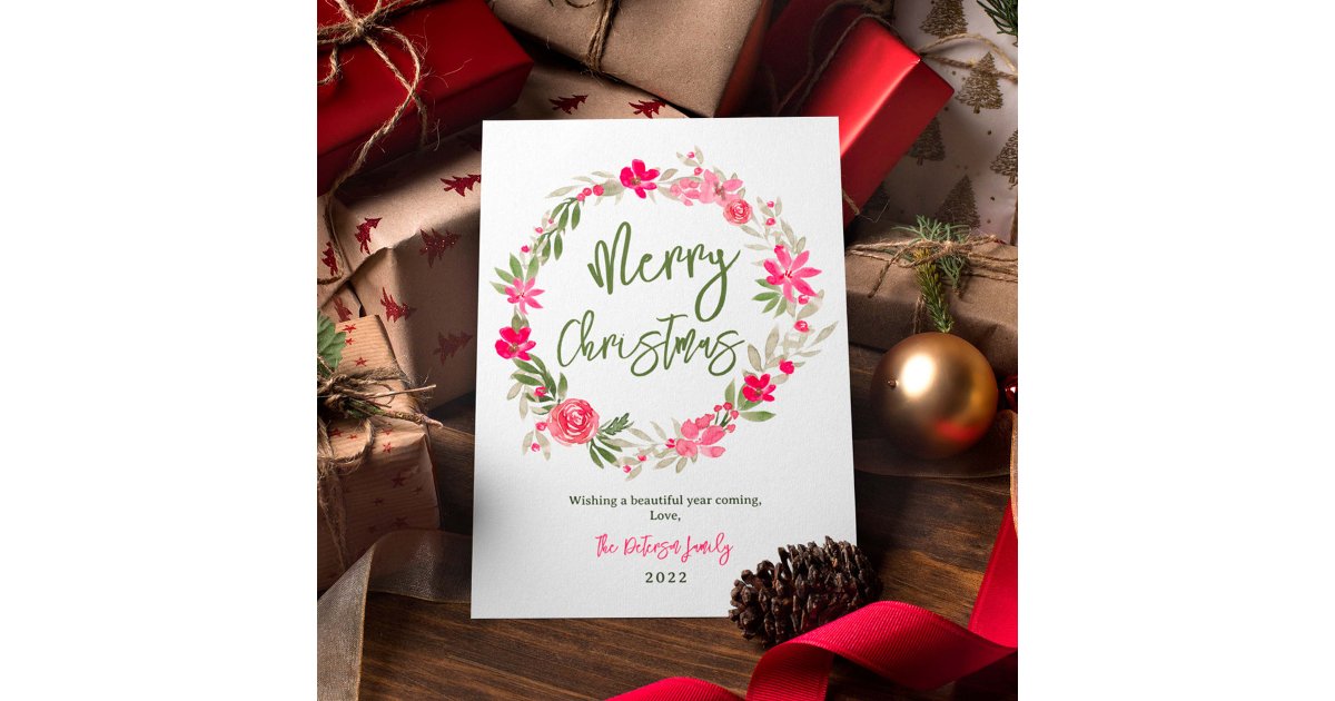 Cute merry christmas floral wreath no photo holiday card | Zazzle
