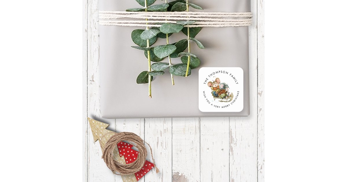 Cute Mice Sleigh Name Merry Christmas Square Sticker | Zazzle