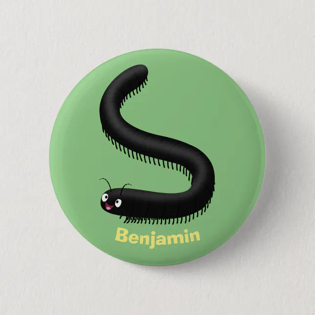Cute millipede cartoon illustration button | Zazzle
