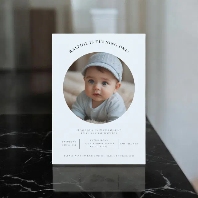 cute minimal photo first birthday pale blue party invitation | Zazzle