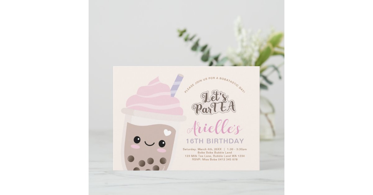 Cute Minimalist Boba Bubble Tea Birthday Invitatio Invitation | Zazzle