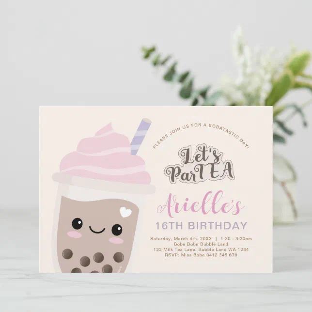 Cute Minimalist Boba Bubble Tea Birthday Invitatio Invitation | Zazzle