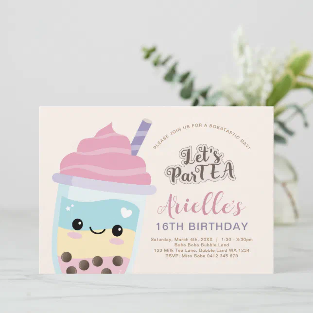 Cute Minimalist Boba Bubble Tea Birthday Invitatio Invitation | Zazzle