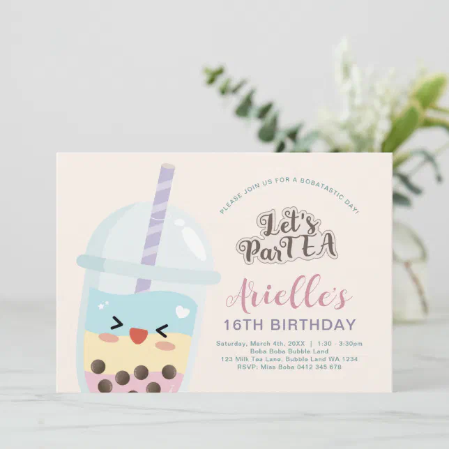 Cute Minimalist Boba Bubble Tea Birthday Invitation | Zazzle