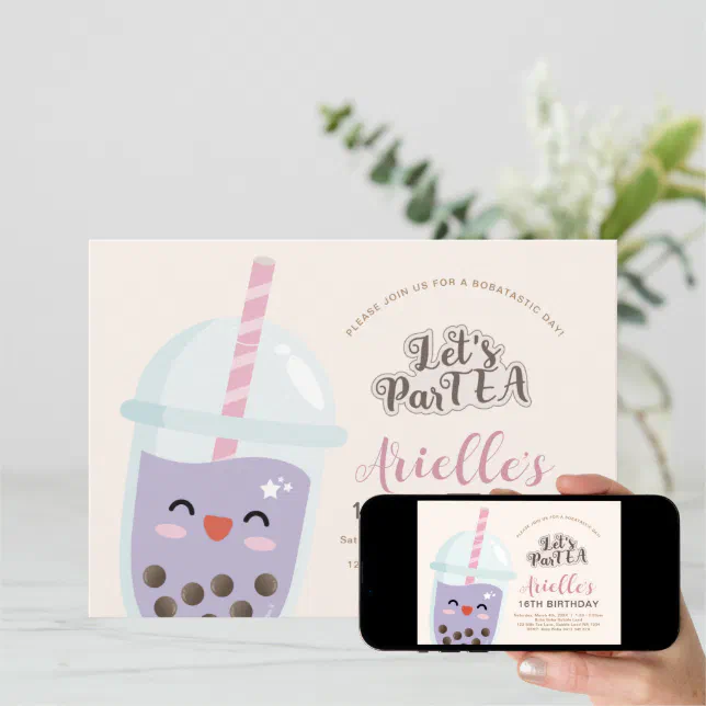 Cute Minimalist Boba Bubble Tea Birthday Invitation | Zazzle