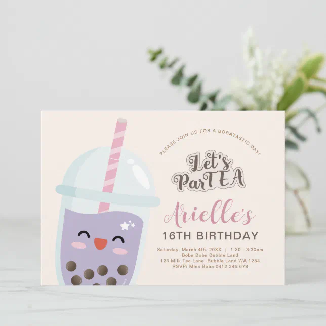 Cute Minimalist Boba Bubble Tea Birthday Invitation | Zazzle