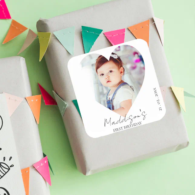 Cute Minimalist Photo First Birthday Party Square Sticker | Zazzle
