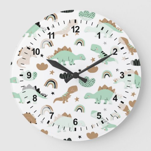 Cute Mint Green Dinosaur Pattern Large Clock | Zazzle