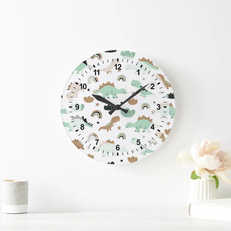 Cute Mint Green Dinosaur Pattern Large Clock | Zazzle