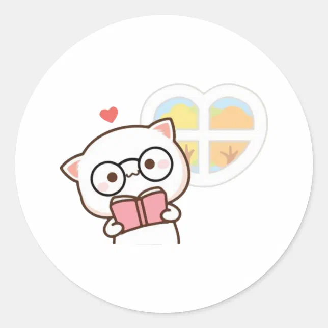 Cute Mochi Peach Cat Reading Book Classic Round Sticker | Zazzle