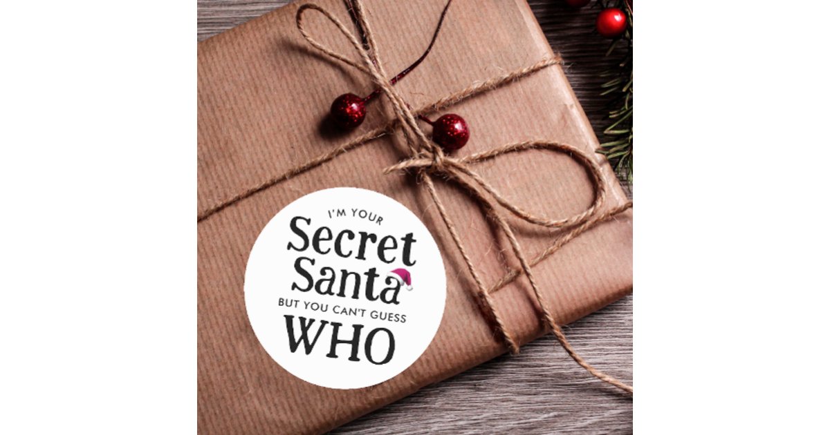 Cute Modern Black Whit Secret Santa Hat Watercolor Classic Round ...