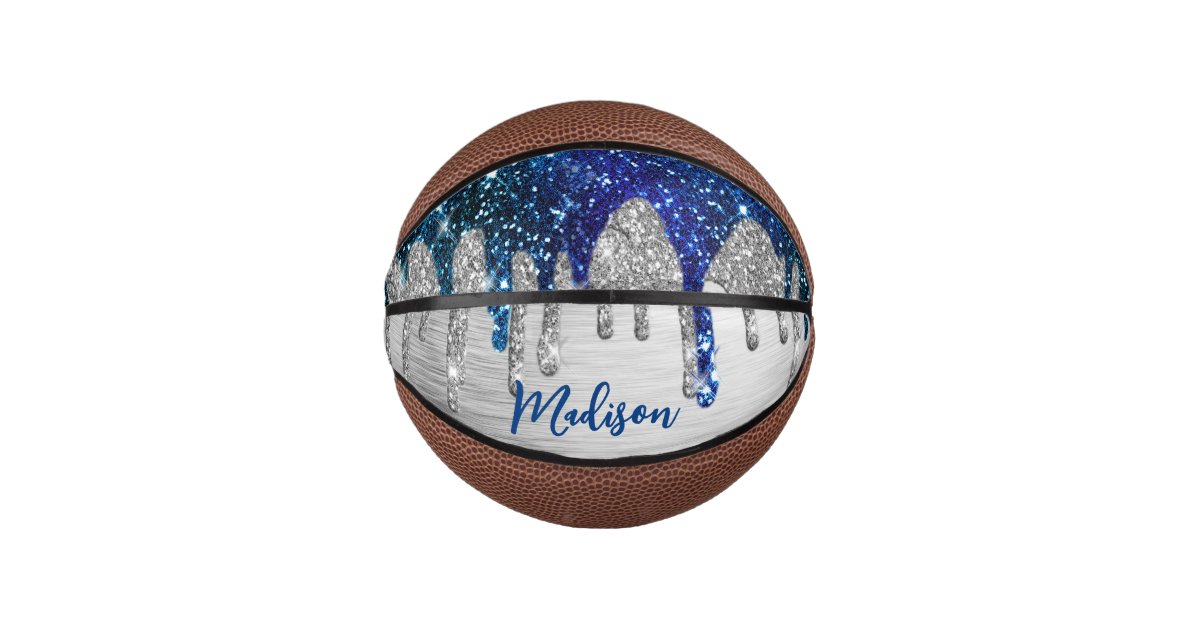 Cute modern Blue Glitter Drips monogram Mini Basketball | Zazzle