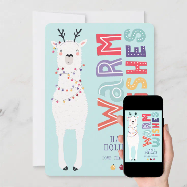 Cute Modern Cartoon Christmas Llama String Lights Holiday Card | Zazzle