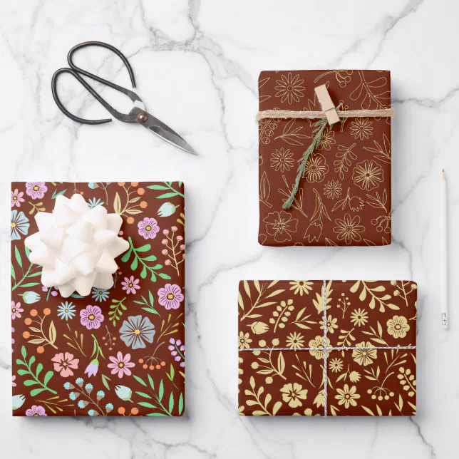 Cute Modern Floral Pattern Brown Line Art Wrapping Paper Sheets | Zazzle