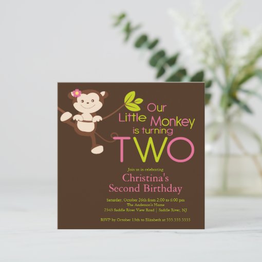 Cute Modern Monkey 2nd Birthday Party Invitations | Zazzle