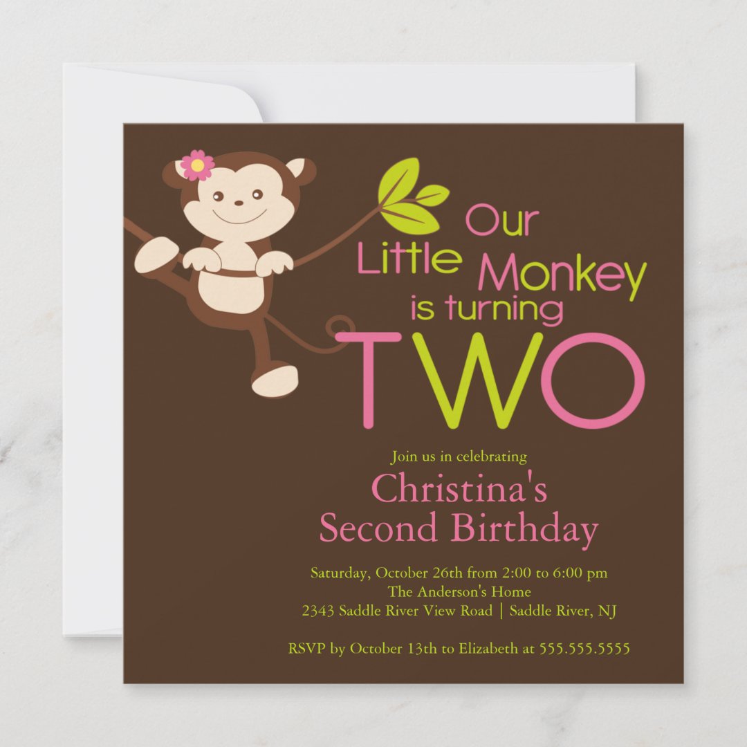 Cute Modern Monkey 2nd Birthday Party Invitations | Zazzle