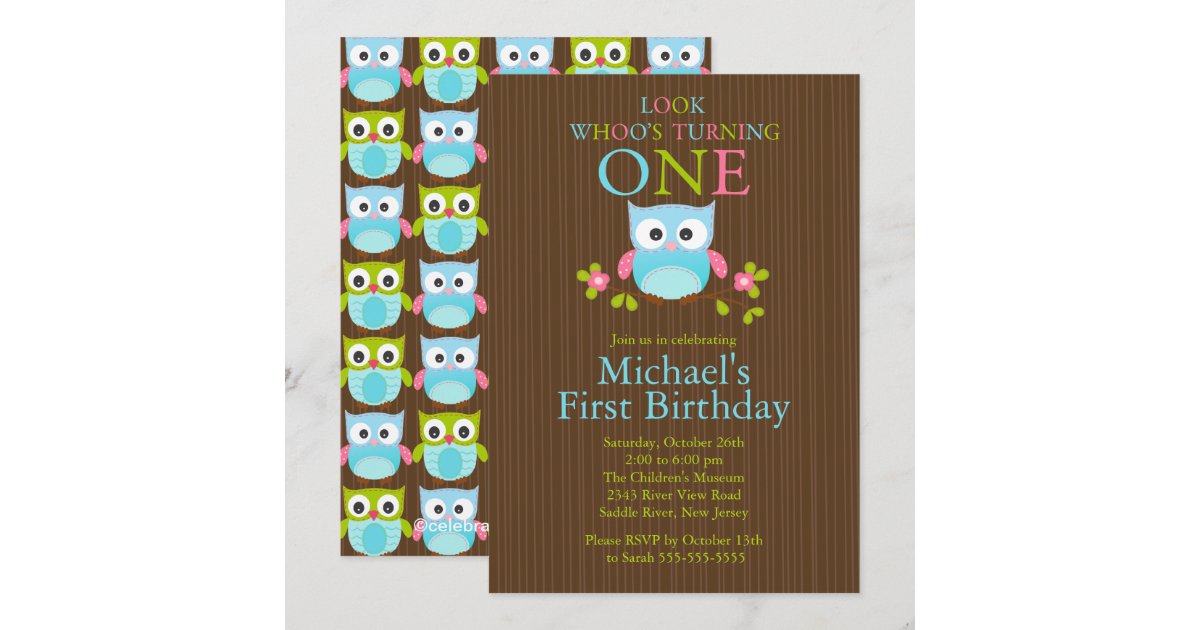 Cute Modern Owl 1st Birthday Party Invitations | Zazzle