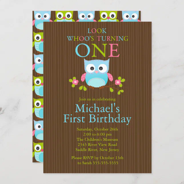 Cute Modern Owl 1st Birthday Party Invitations | Zazzle