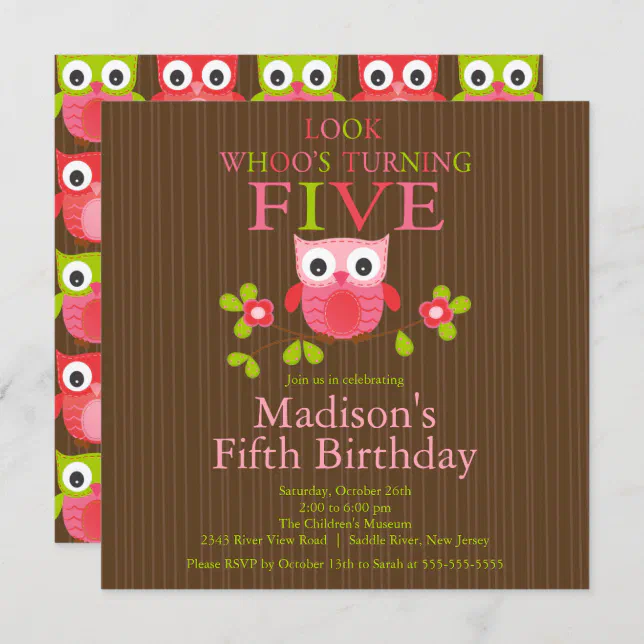 Cute Modern Owl 5th Birthday Party Invitations | Zazzle