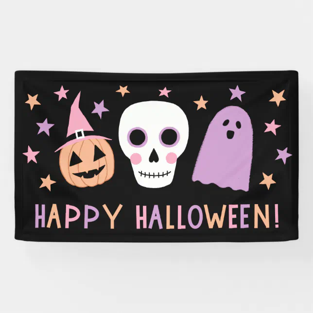 Cute Modern Pastel Skull Ghost Happy Halloween Banner | Zazzle