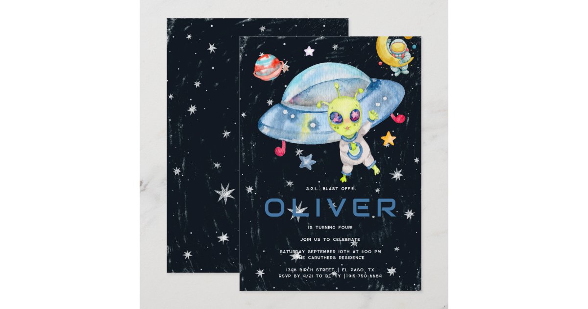 Cute Modern Space Alien UFO Birthday Party Invitation | Zazzle