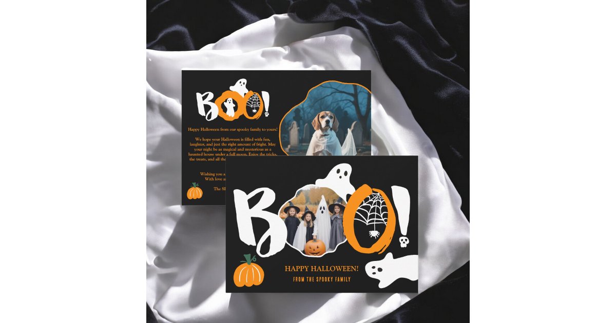 Cute Modern trendy Boo ghosts 2 photos Halloween Holiday Card | Zazzle