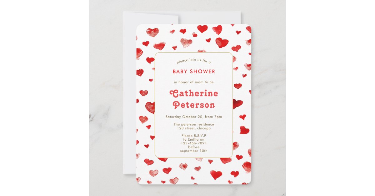 Cute Modern Watercolor Red Hearts Invitation | Zazzle