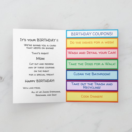 Cute Mom's Birthday Coupon Card | Zazzle