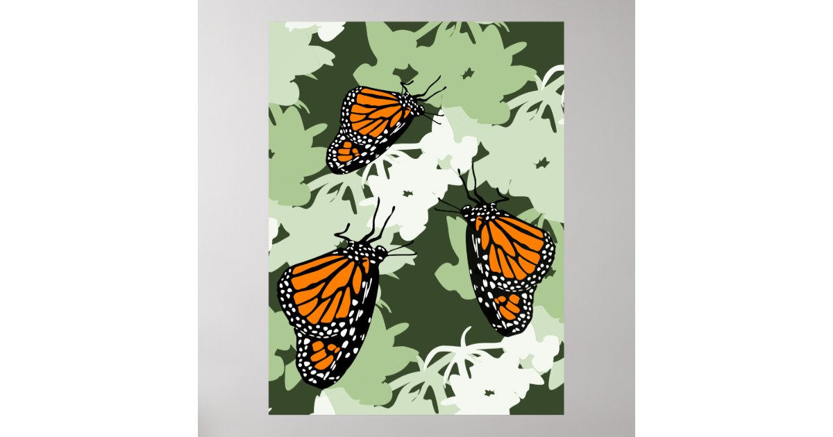 Cute Monarch Butterfly Trio On Swan Plant Poster | Zazzle