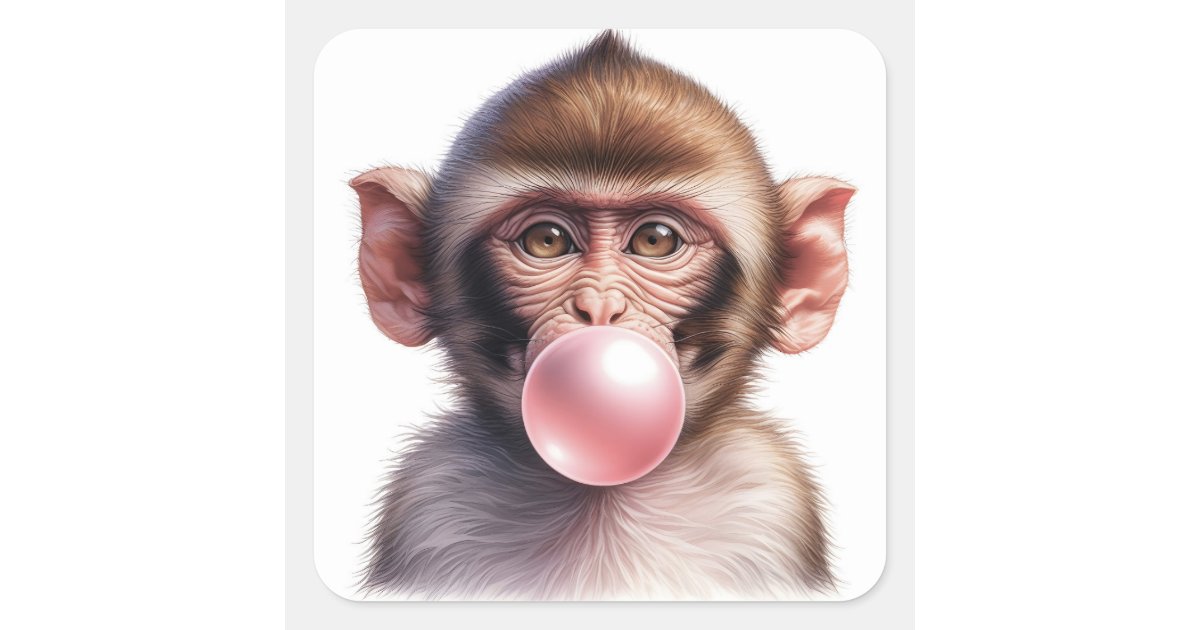 Cute Monkey Blowing Bubbles Bubble Gum Square Sticker | Zazzle